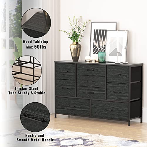 Furnulem Wide Dresser, Small Nightstand with 3 Fabric Storage Drawers and 2-Tier Shelf, End Table Side Furniture for Closet, Hallway, Nursery, Sturdy Steel Frame, Wood Top (Black Oak)