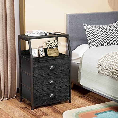 Furnulem Wide Dresser, Small Nightstand with 3 Fabric Storage Drawers and 2-Tier Shelf, End Table Side Furniture for Closet, Hallway, Nursery, Sturdy Steel Frame, Wood Top (Black Oak)