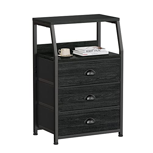 Furnulem Wide Dresser, Small Nightstand with 3 Fabric Storage Drawers and 2-Tier Shelf, End Table Side Furniture for Closet, Hallway, Nursery, Sturdy Steel Frame, Wood Top (Black Oak)