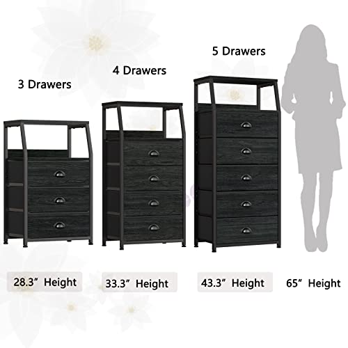 Furnulem Wide Dresser, Small Nightstand with 3 Fabric Storage Drawers and 2-Tier Shelf, End Table Side Furniture for Closet, Hallway, Nursery, Sturdy Steel Frame, Wood Top (Black Oak)