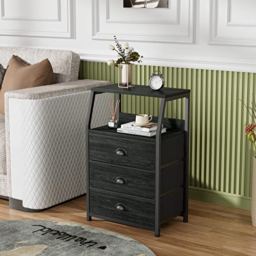 Furnulem Wide Dresser, Small Nightstand with 3 Fabric Storage Drawers and 2-Tier Shelf, End Table Side Furniture for Closet, Hallway, Nursery, Sturdy Steel Frame, Wood Top (Black Oak)