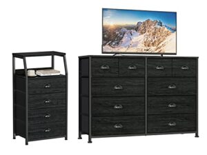 furnulem 10 drawer dresser for bedroom, nightstand with 4 drawers, storage organizer for closet, living room, entryway, fabric bins, wood top, metal frame(black oak)