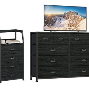 Furnulem 10 Drawer Dresser for Bedroom, Nightstand with 4 Drawers, Storage Organizer for Closet, Living Room, Entryway, Fabric Bins, Wood Top, Metal Frame(Black Oak)