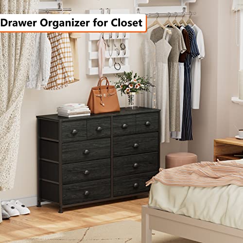 Furnulem 10 Drawer Dresser for Bedroom, Nightstand with 4 Drawers, Storage Organizer for Closet, Living Room, Entryway, Fabric Bins, Wood Top, Metal Frame(Black Oak)