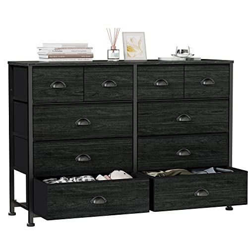 Furnulem 10 Drawer Dresser for Bedroom, Nightstand with 4 Drawers, Storage Organizer for Closet, Living Room, Entryway, Fabric Bins, Wood Top, Metal Frame(Black Oak)