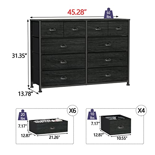 Furnulem 10 Drawer Dresser for Bedroom, Nightstand with 4 Drawers, Storage Organizer for Closet, Living Room, Entryway, Fabric Bins, Wood Top, Metal Frame(Black Oak)