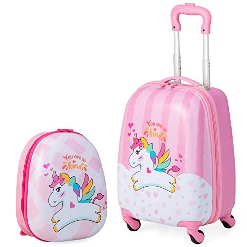 BABY JOY 2 Pcs Kids Luggage Set, 16" Toddlers Carry-on Suitcase & 12" Backpack Set, Children Travelling Case w/ 4 Casters, Retractable Handle, Lightweight Trolley Case for Boys Girls (Lovely Unicorn)