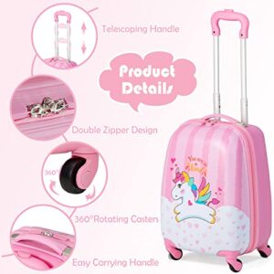 BABY JOY 2 Pcs Kids Luggage Set, 16" Toddlers Carry-on Suitcase & 12" Backpack Set, Children Travelling Case w/ 4 Casters, Retractable Handle, Lightweight Trolley Case for Boys Girls (Lovely Unicorn)