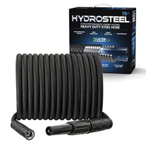 hydrosteel 75 ft garden hose, 3-layer steel metal water hose 75ft, heavy duty flexible garden hose, lightweight, crush/kink resistant, non expandable steel garden hose with 500 psi as seen on tv