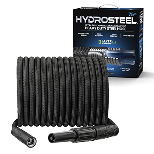 Hydrosteel 75 Ft Garden Hose, 3-Layer Steel Metal Water Hose 75Ft, Heavy Duty Flexible Garden Hose, Lightweight, Crush/Kink Resistant, Non Expandable Steel Garden Hose with 500 PSI AS SEEN ON TV