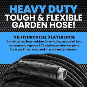 Hydrosteel 75 Ft Garden Hose, 3-Layer Steel Metal Water Hose 75Ft, Heavy Duty Flexible Garden Hose, Lightweight, Crush/Kink Resistant, Non Expandable Steel Garden Hose with 500 PSI AS SEEN ON TV