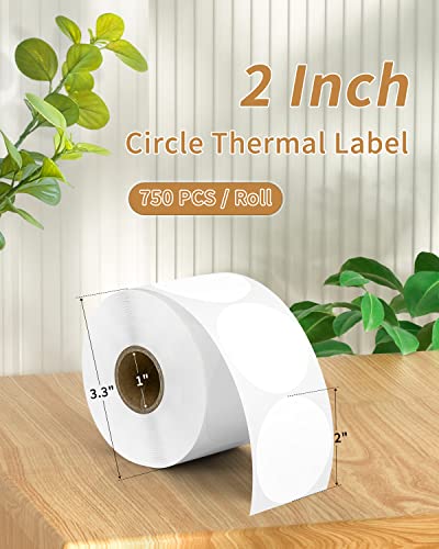 JADENS 2 Inch Round Direct Thermal Sticker Label, Self-Adhesive & Waterproof Label for DIY Logo, QR Code, Name Tag, Thank You Sticker for Small Businesses, BPA & BPS Free, 750 Labels/Roll, White