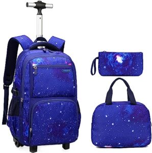 zbaogtw rolling backpack boys 3 in 1 school wheeled backpack set kids luggage school travel rolling backpack for boys with starry sky printed