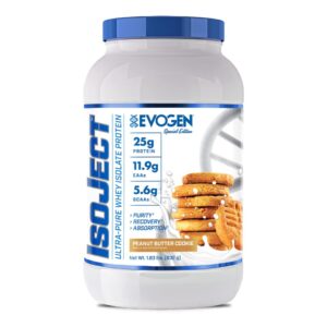 evogen isoject peanut butter cookie protein powder | premium whey isolate loaded with bcaa, eaa, ignitor enzymes, recovery, shakes, smoothies