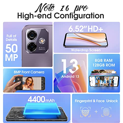 Ulefone Note 16 Pro Unlocked Cell Phones, Android 13 Unlocked Phones, 16GB+128GB, 50MP Main Camera, 6.52” HD+ Waterdrop Screen, 8-Core Processor, 4400mAh Battery, Dual 4G Unlocked Smartphone-Purple