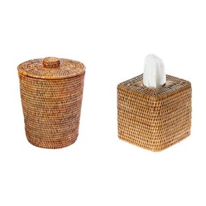 kouboo la jolla rattan round waste basket with lid & plastic insert, 2 gallon woven wastebasket & home decor, honey brown & 1030055 la jolla rattan square tissue box cover, 5.5" x 5.5" x 5.75"