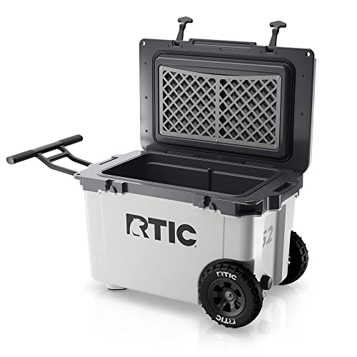 RTIC 52 Quart Ultra-Light Wheeled Hard Cooler Insulated Portable Ice Chest Box for Beach, Drink, Beverage, Camping, Picnic, Fishing, Boat, Barbecue, 30% Lighter Than Rotomolded Coolers, White & Grey