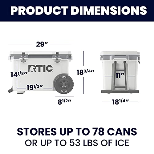 RTIC 52 Quart Ultra-Light Wheeled Hard Cooler Insulated Portable Ice Chest Box for Beach, Drink, Beverage, Camping, Picnic, Fishing, Boat, Barbecue, 30% Lighter Than Rotomolded Coolers, White & Grey