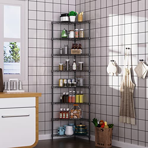 pouseayar 8-Tier NSF Metal Corner Shelf Wire Shelving Unit - 400lbs Capacity, Adjustable, with Leveling feet - Ideal for Garage, Kitchen, and More - 20" L x 20" D x 82" H - Triangle-Shape - Black