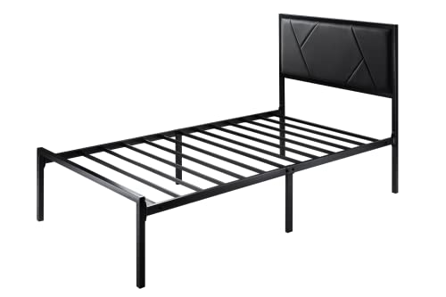 MUTICOR Twin Size Bed Frame with Geometric Leather Headboard, Heavy Duty Metal Platform Bed with Strong Metal Support, Ample Underbed Storage, No Box Spring Needed, Easy Assembly, Noise Free