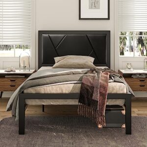 MUTICOR Twin Size Bed Frame with Geometric Leather Headboard, Heavy Duty Metal Platform Bed with Strong Metal Support, Ample Underbed Storage, No Box Spring Needed, Easy Assembly, Noise Free