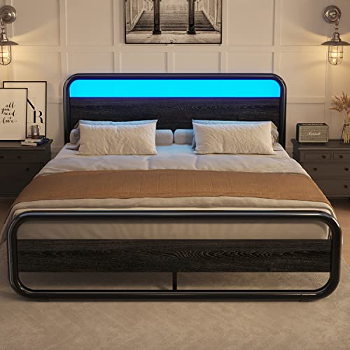 Catrimown King Bed Frame with Headboard LED Bed Frame King Metal Platform Bed Frame King Size Heavy Duty King Wood Platform Bed Frame Under Bed Storage Noise Free No Box Spring Needed