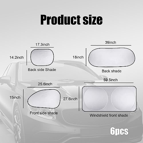 NGHEY 6 PCS Car Windshield Sun Shade, Universal Car Interior Heat Block Sun Cover Kit, 2 Front Rear Sun Visor, 4 Side Window Sunshade Foldable UV Protector Set for Cars SUVs (Silver)