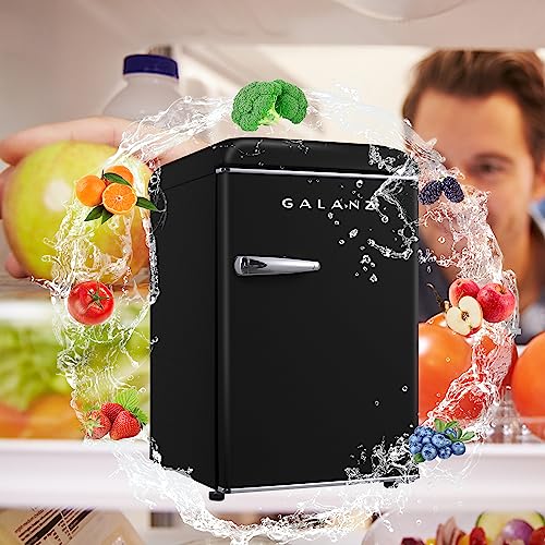 Galanz GLR25MBKR10 Retro Compact Refrigerator, Mini Fridge with Single Doors, Adjustable Mechanical Thermostat with Chiller, Black, 2.5 cu ft