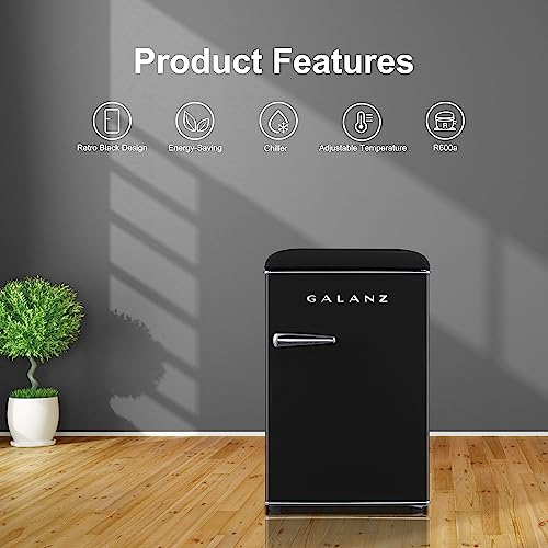 Galanz GLR25MBKR10 Retro Compact Refrigerator, Mini Fridge with Single Doors, Adjustable Mechanical Thermostat with Chiller, Black, 2.5 cu ft