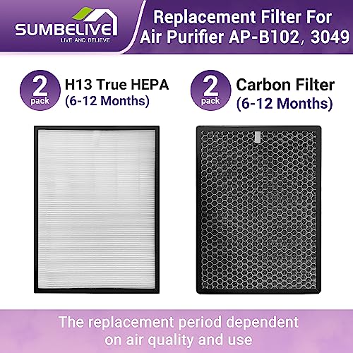 AP-B102 Replacement Filter Set Fits for Alexapure Air Purifier AP-B102 and 3049, 2 True HEPA (H13) Filters (Part # AP-B103) + 2 Activated Carbon Filters (Part # AP-B104)