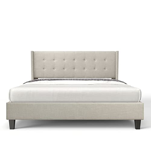 BONSOIR Bed Frame Upholstered Traditional Low Profile Platform with Wing Back Headboard/No Box Spring Needed/No Bed Skirt Needed/Linen Fabric Upholstery/Sand (Sand, Queen Size)