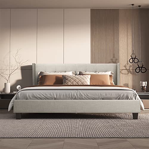 BONSOIR Bed Frame Upholstered Traditional Low Profile Platform with Wing Back Headboard/No Box Spring Needed/No Bed Skirt Needed/Linen Fabric Upholstery/Sand (Sand, Queen Size)