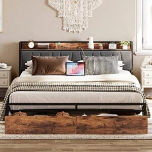 likimio king size bed frame, storage headboard with charging station, platform bed with drawers, no box spring needed, easy assembly, vintage brown and gray