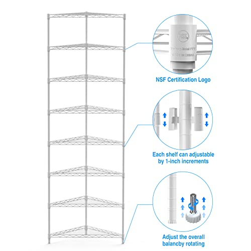 pouseayar 8 Tier NSF Metal Corner Shelf Wire Shelving Unit, 400lbs Capacity Heavy Duty Adjustable Storage Rack (No Shelf Liners) for Every Room Corner, 82" H x 20" L x 20" D - White