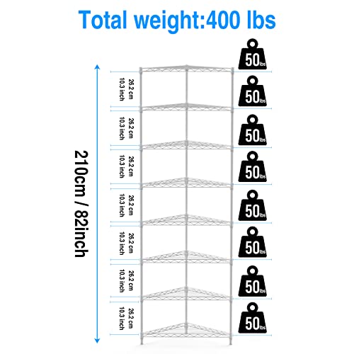 pouseayar 8 Tier NSF Metal Corner Shelf Wire Shelving Unit, 400lbs Capacity Heavy Duty Adjustable Storage Rack (No Shelf Liners) for Every Room Corner, 82" H x 20" L x 20" D - White