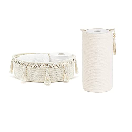 Mkono Macrame Storage Basket for Toilet Tank Top Boho Bathroom Decor and Woven Toilet Paper Holder Boho Basket for Toilet Paper Storage