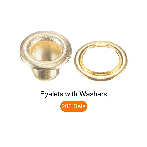 METALLIXITY Eyelets with Washers (6 x 3 x 4mm) 200Pack, Copper Grommet Kit Chrome Plated - for Leather Canvas Clothes DIY Crafts Making, Gold Tone