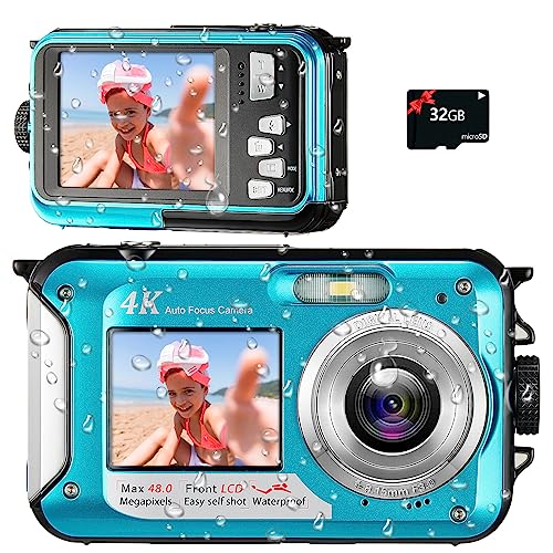 4K Waterproof Camera 11FT Underwater Camera with 32GB Card 48MP Autofocus Selfie Dual-Screen Underwater Cameras for Snorkeling, Waterproof Compact Digital Camera 1250mAh Battery（Blue）