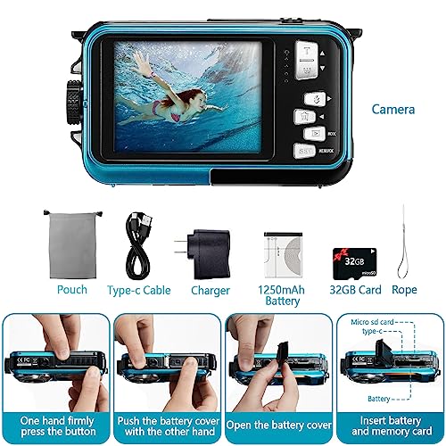 4K Waterproof Camera 11FT Underwater Camera with 32GB Card 48MP Autofocus Selfie Dual-Screen Underwater Cameras for Snorkeling, Waterproof Compact Digital Camera 1250mAh Battery（Blue）