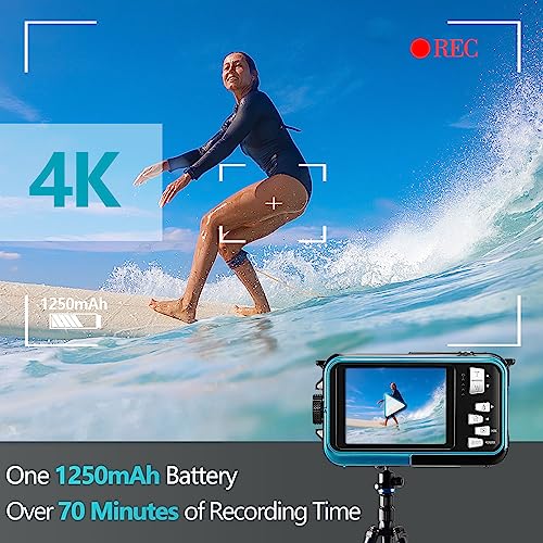 4K Waterproof Camera 11FT Underwater Camera with 32GB Card 48MP Autofocus Selfie Dual-Screen Underwater Cameras for Snorkeling, Waterproof Compact Digital Camera 1250mAh Battery（Blue）