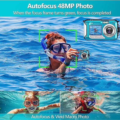 4K Waterproof Camera 11FT Underwater Camera with 32GB Card 48MP Autofocus Selfie Dual-Screen Underwater Cameras for Snorkeling, Waterproof Compact Digital Camera 1250mAh Battery（Blue）