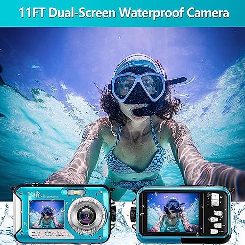 4K Waterproof Camera 11FT Underwater Camera with 32GB Card 48MP Autofocus Selfie Dual-Screen Underwater Cameras for Snorkeling, Waterproof Compact Digital Camera 1250mAh Battery（Blue）