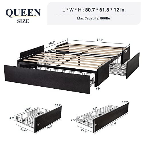 Allewie Queen Size Platform Bed Frame with 3 Storage Drawers, Faux Leather Upholstered, Wooden Slats Support, No Box Spring Needed, Easy Assembly, Black