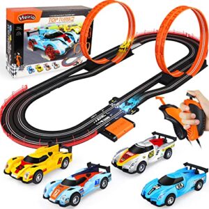 electric slot car race track sets for boys 6+ year old, 4 slot cars 1:43 scale with headlights, 2 loops, lap counter, 2 controllers, dual racing 2 player game, gifts toys for boy kids age 6 7 8-12