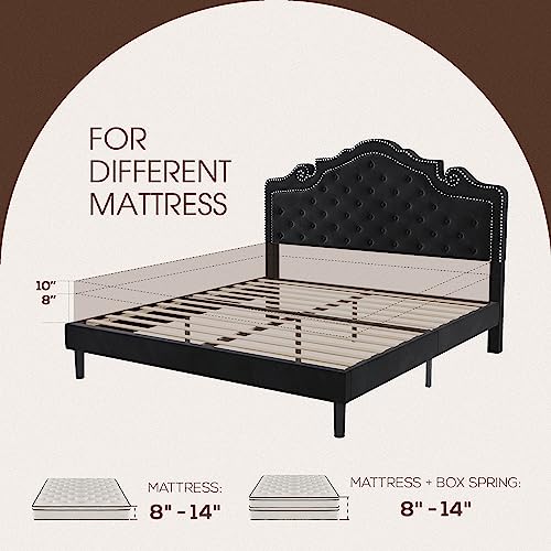 WEEWAY Queen Bed Frame with Velvet Tiara Curved Headboard and High Resilience, Upholstered Diamond Button Tufted Platform Bed with Wood Slats/No Box Spring Needed/Easy Assembly/Black