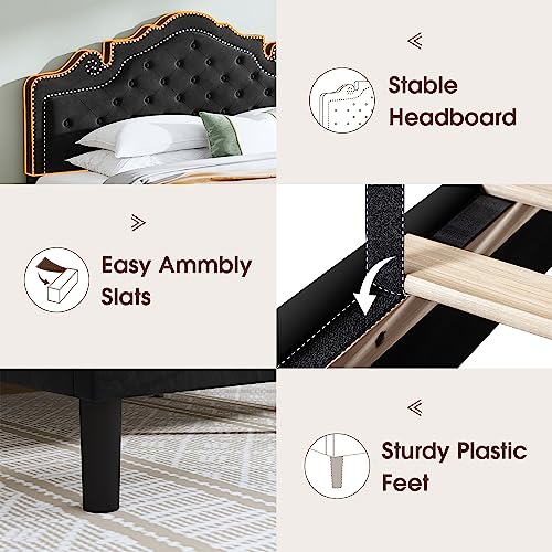 WEEWAY Queen Bed Frame with Velvet Tiara Curved Headboard and High Resilience, Upholstered Diamond Button Tufted Platform Bed with Wood Slats/No Box Spring Needed/Easy Assembly/Black