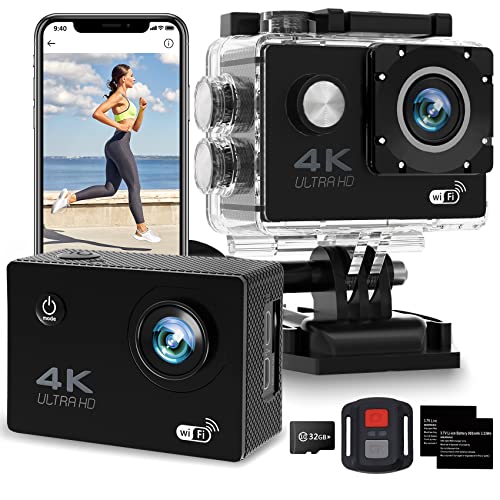 Action Camera 4K30FPS Ultra HD Waterproof Camera,98FT 30M Underwater Cameras and Remote Control 170° Wide Angle Video Recording Sports Cameras with 32G SD Card & 2 Batteries Accessories Kit