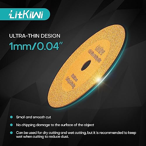 LitKiwi Mini Glasses Cutting Disc,1mm Ultra-Thin Diamond Cutting Blade Wheel,with 2PCS 1/4"Hex Shank,for Cutting Glass, Jade, Crystal, Ceramics and etc.