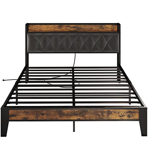 ANCTOR Queen Bed Frame, Storage Headboard with Outlets, Easy to Install, Sturdy and Stable, No Noise, No Box Springs Needed