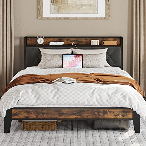 ANCTOR Queen Bed Frame, Storage Headboard with Outlets, Easy to Install, Sturdy and Stable, No Noise, No Box Springs Needed